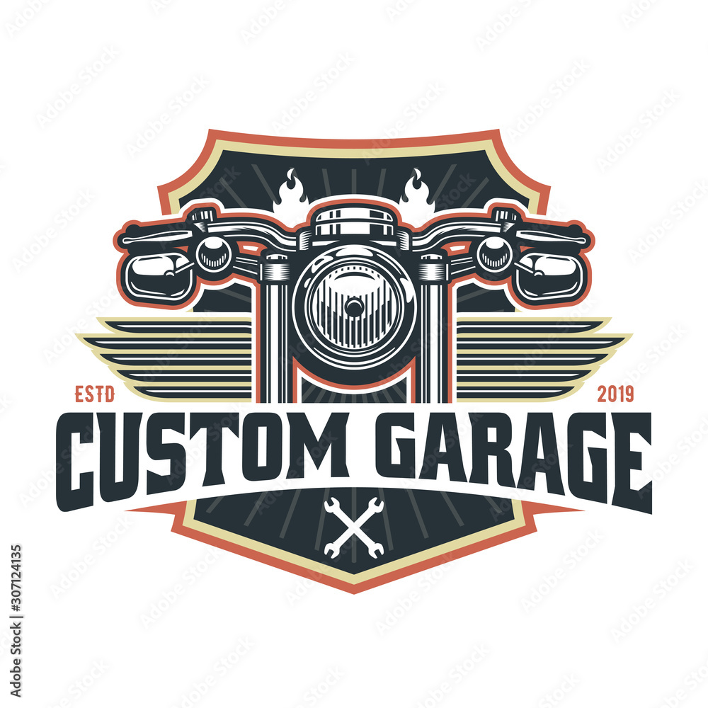 Vintage motorcycle logo template, vector retro custom garage emblem or ...