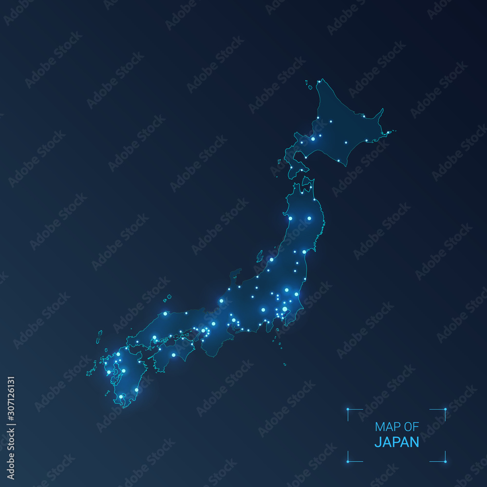 Japan map with cities. Luminous dots - neon lights on dark background ...