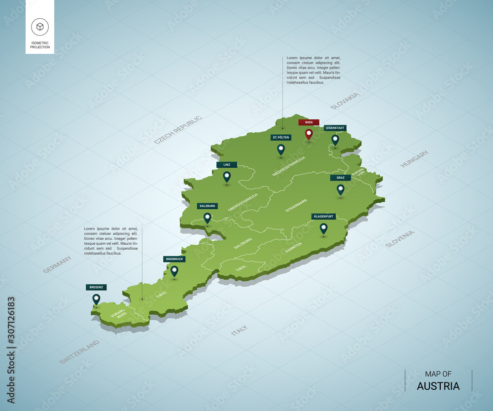 Stylized map of Austria. Isometric 3D green map with cities, borders ...