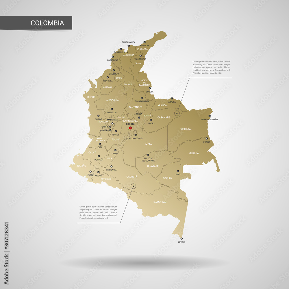 Stylized vector Colombia map. Infographic 3d gold map illustration with ...
