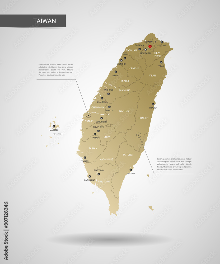 Stylized vector Taiwan map. Infographic 3d gold map illustration with ...