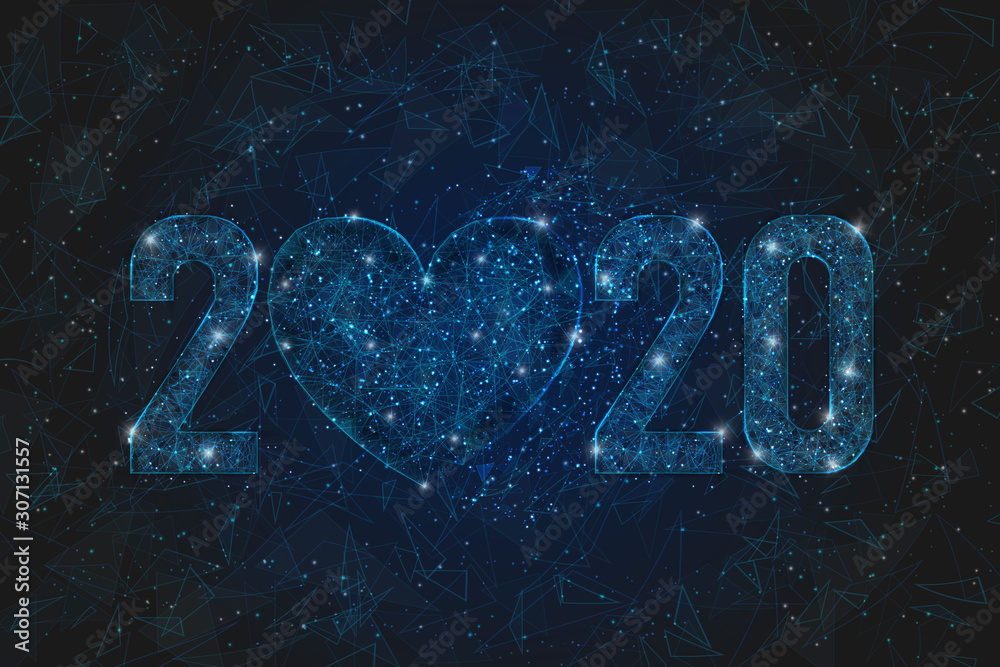 Abstract isolated blue image of new year number 2020. Polygonal low ...