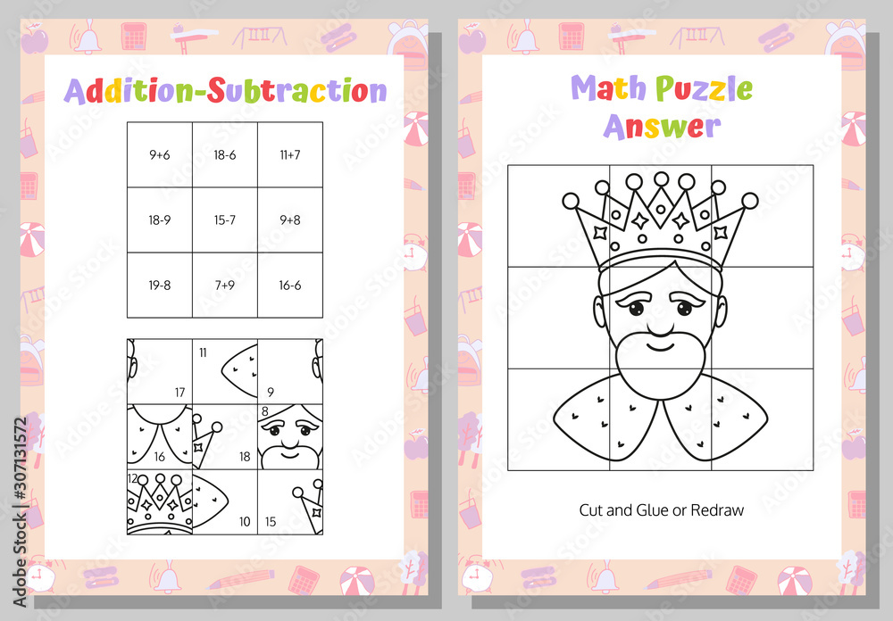 Addition, Subtraction Math Puzzle Worksheet. Educational Game ...