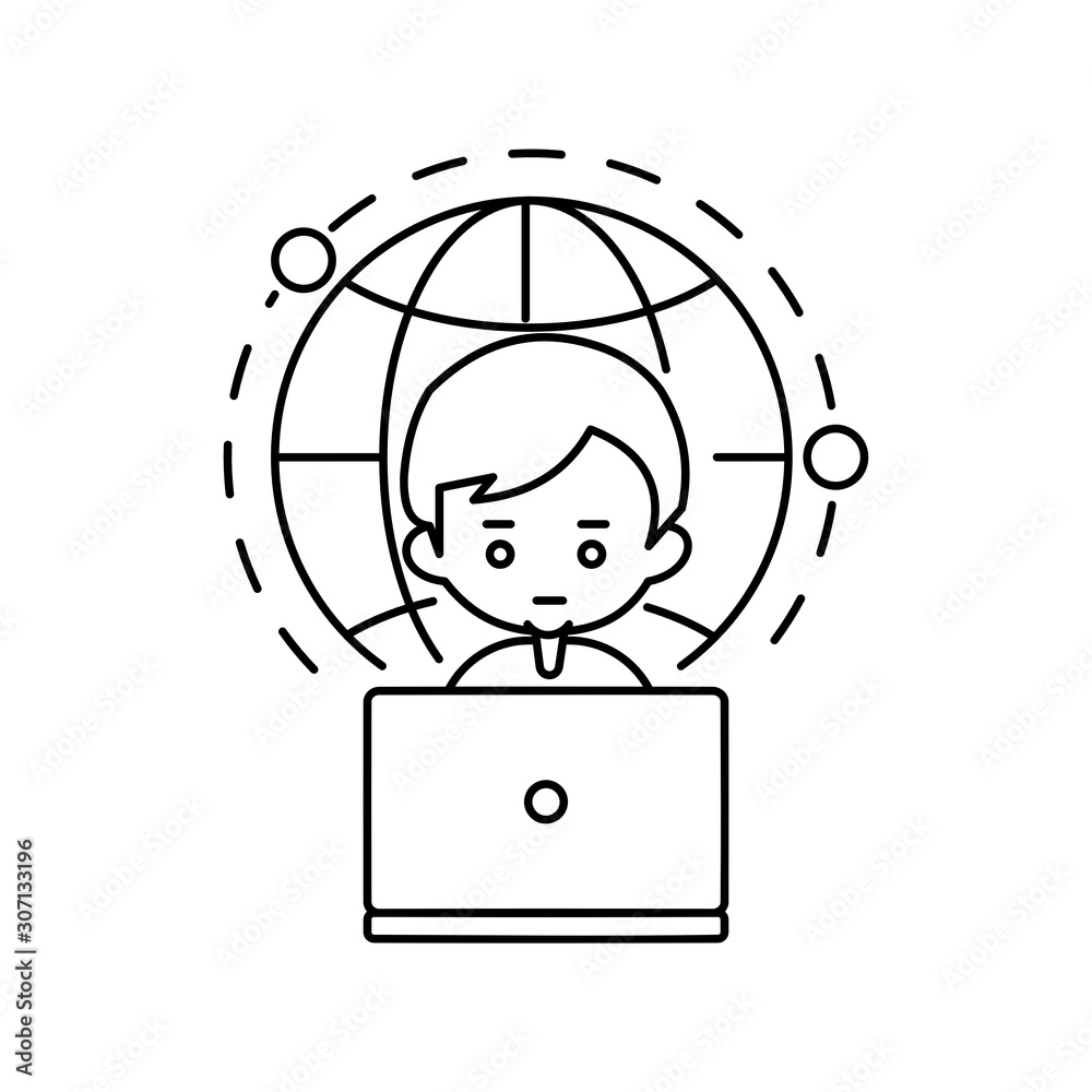 Young boy browsing internet using a laptop. Concept of internet use ...