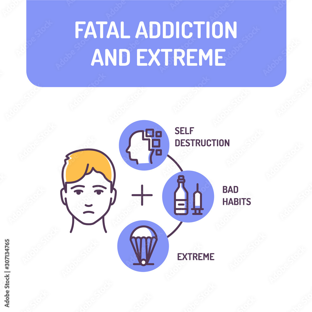 Fatal addiction and extreme color line icon. Excessive continuous use ...