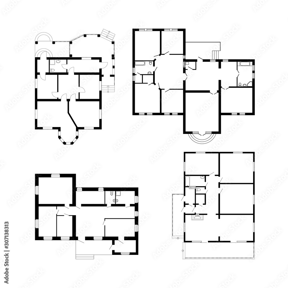 Architectural set of ground floor blueprints. Vector unfurnished floor ...