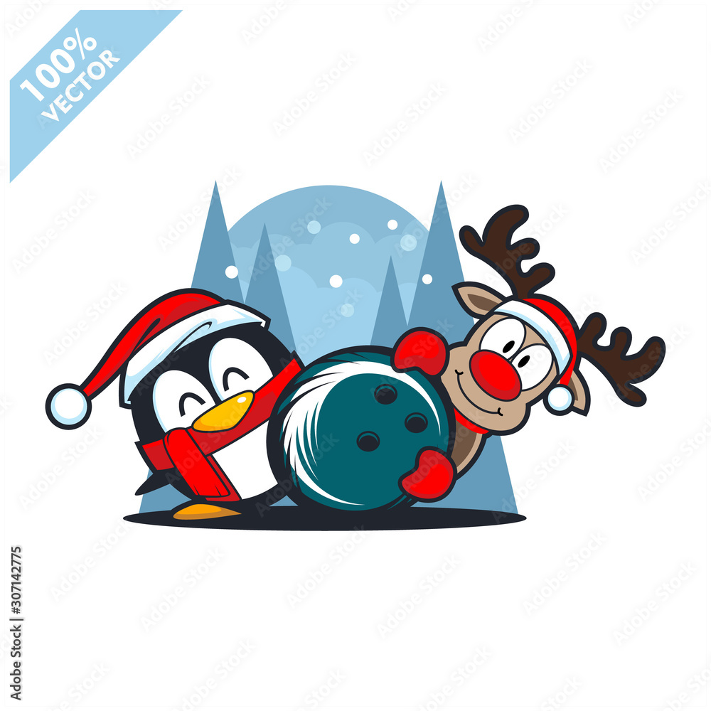 Bowling ball santa hat with cartoon christmas penguin and deer logo ...