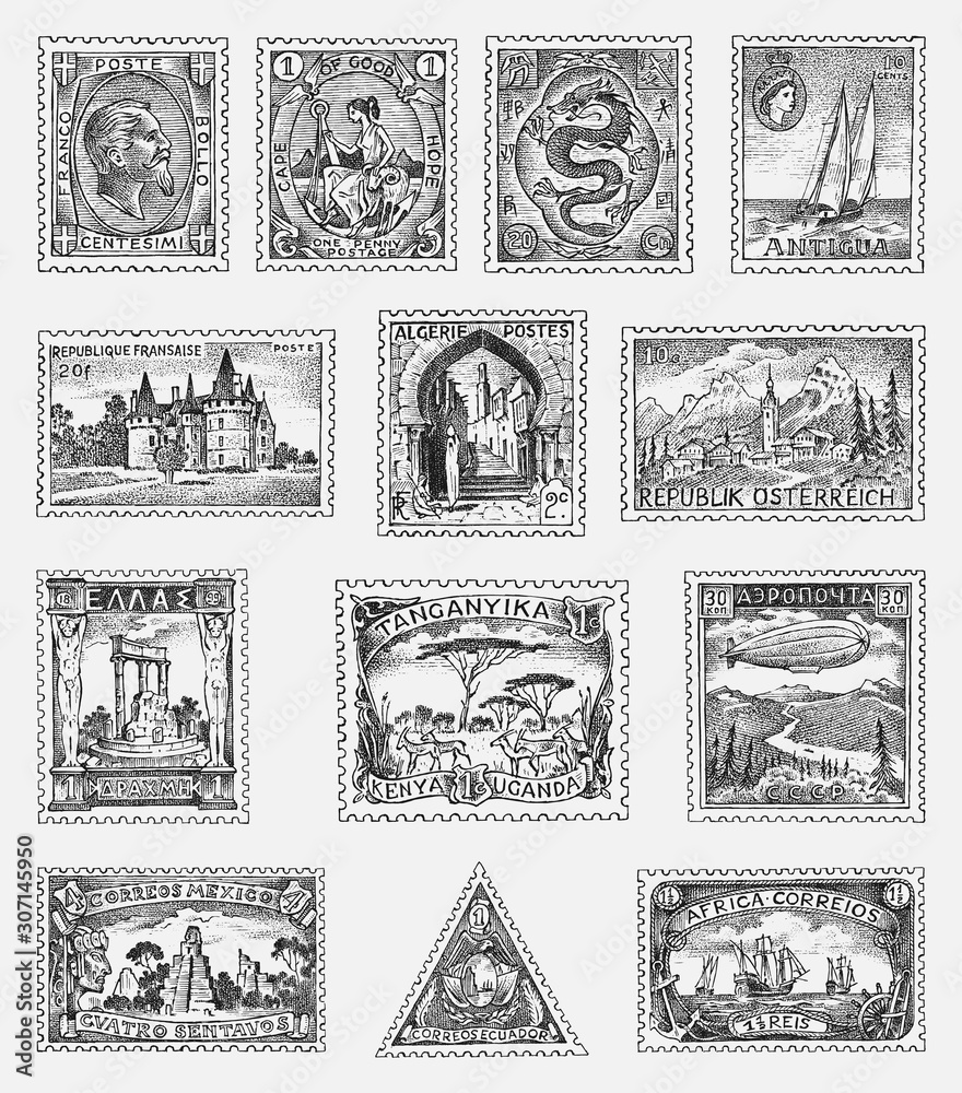 Vintage Postage stamps set. Ancient landscapes, dragon and sailing ship ...
