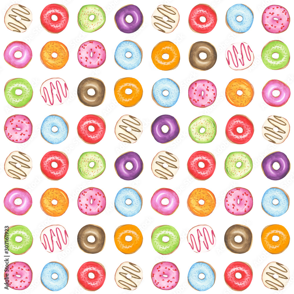 Seamless pattern with donuts, watercolor painting. For design textile ...