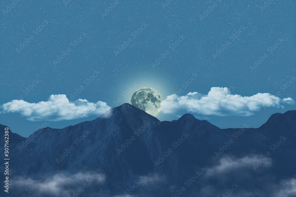 Amazing landscape of the mountains and full moon on the starry sky ...