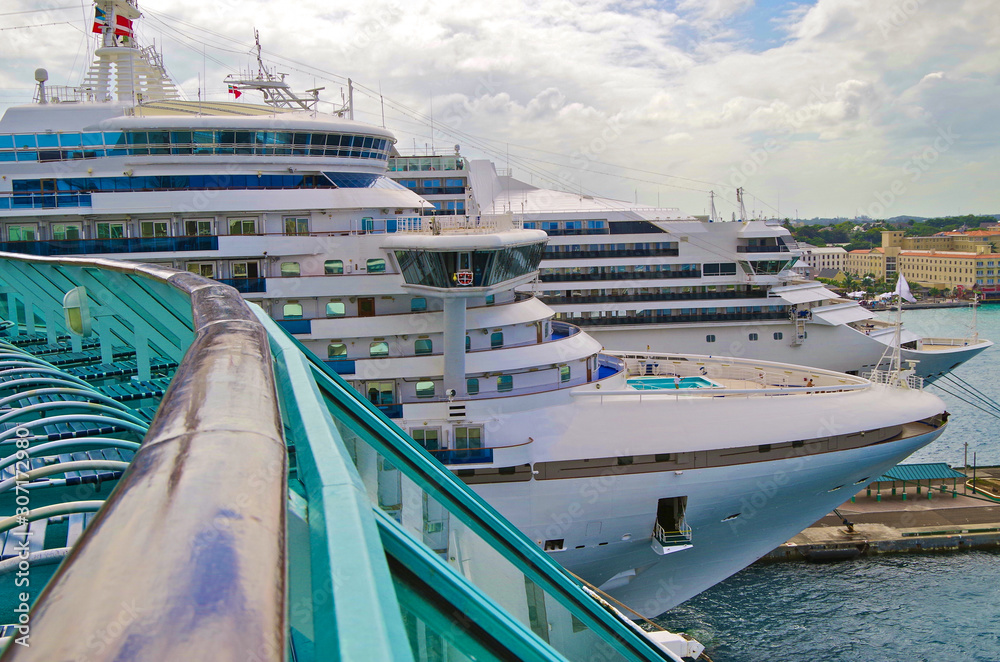 Line of cruise ships lined up in port of Nassau, Bahamas with aerial ...