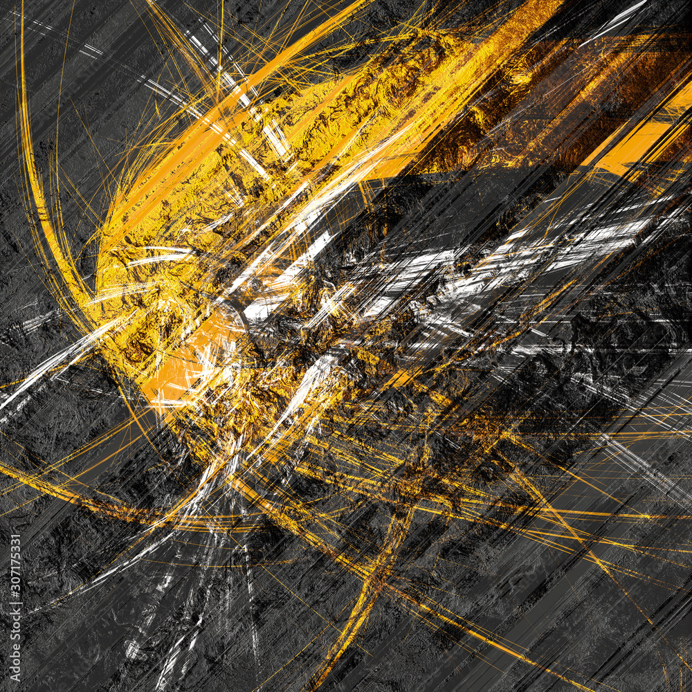 Dirty abstract art of golden and white metallic scratches on black ...