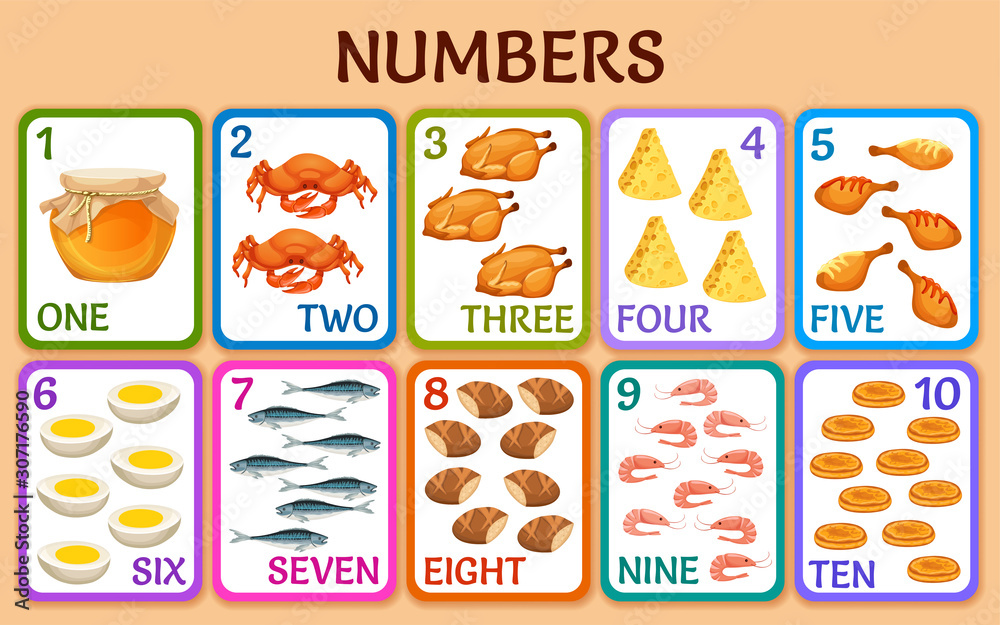 Cartoon food. Children cards numbers for kids. Learning to count ...