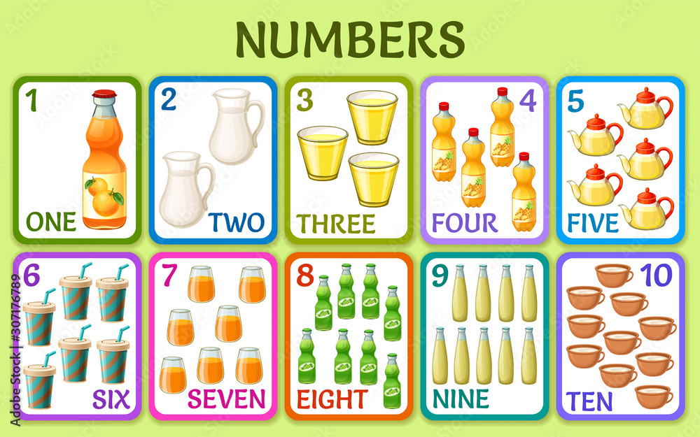 Cartoon drink. Children cards numbers for kids. Learning to count ...