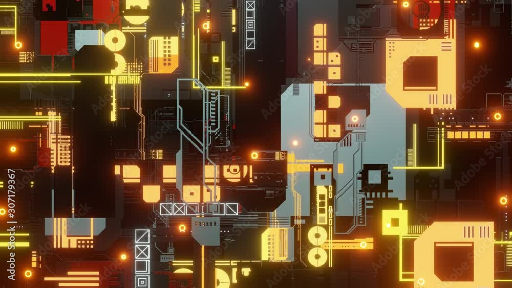 electronic high-tech system powers on, with glowing computer parts and ...