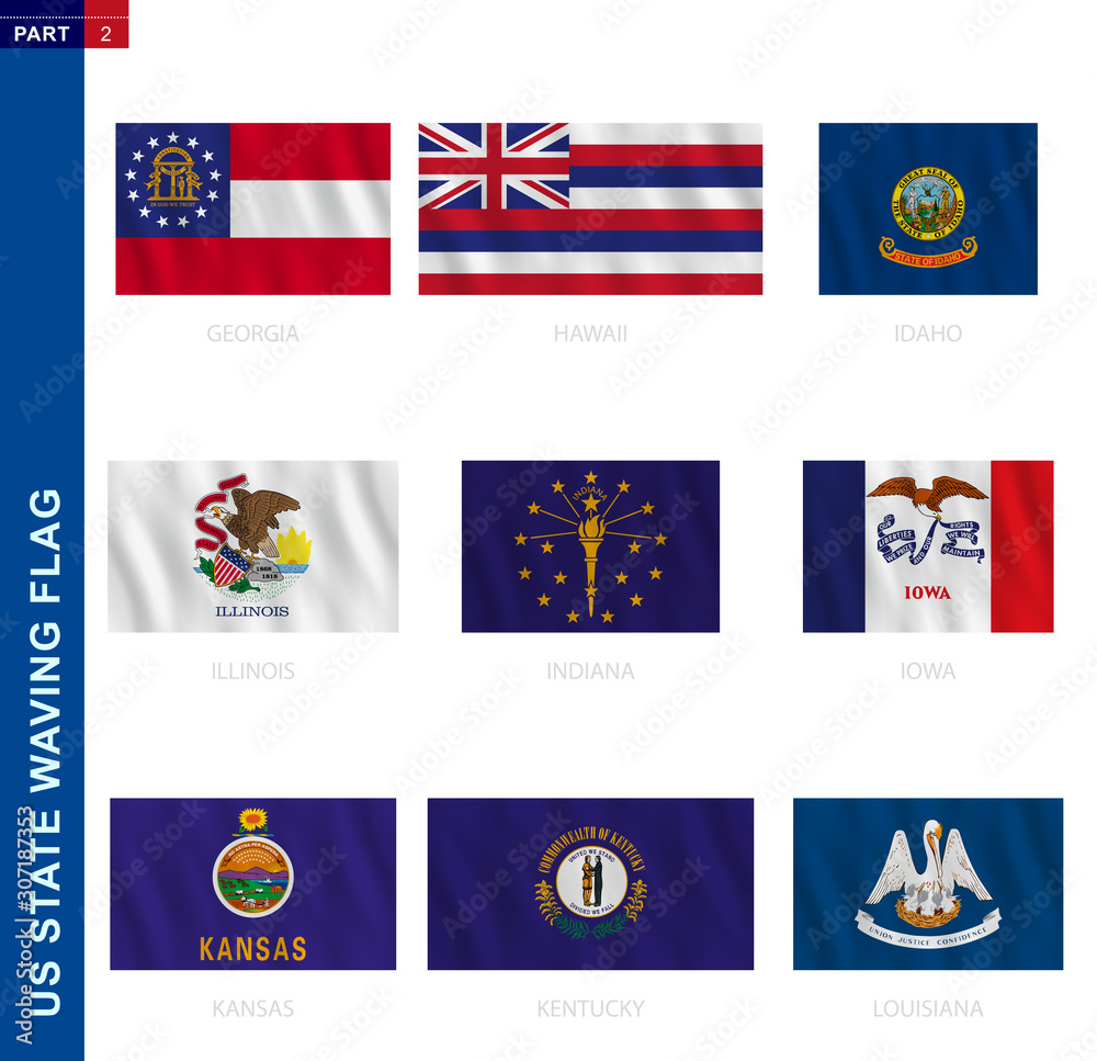 US states waving flag collection in official proportion, nine vector ...