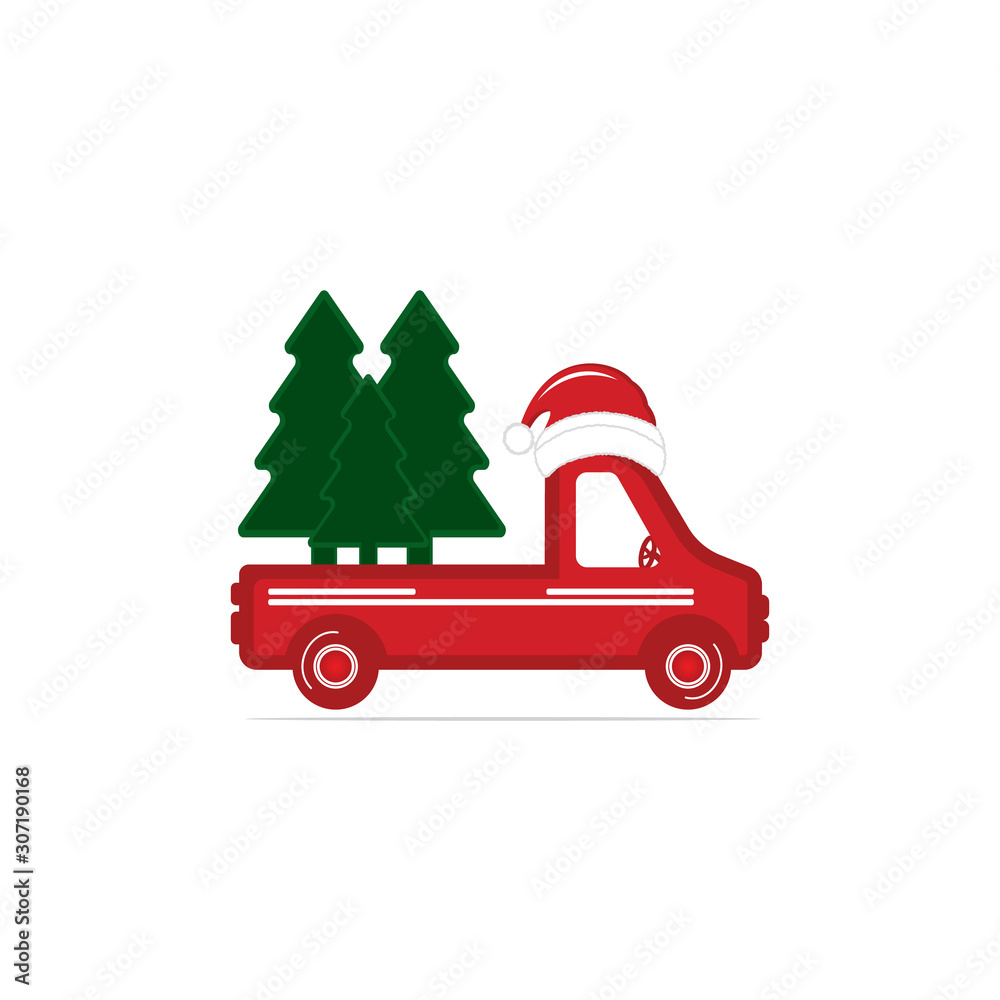 Old vintage red Christmas truck with pine tree and Santa hat. Vector ...