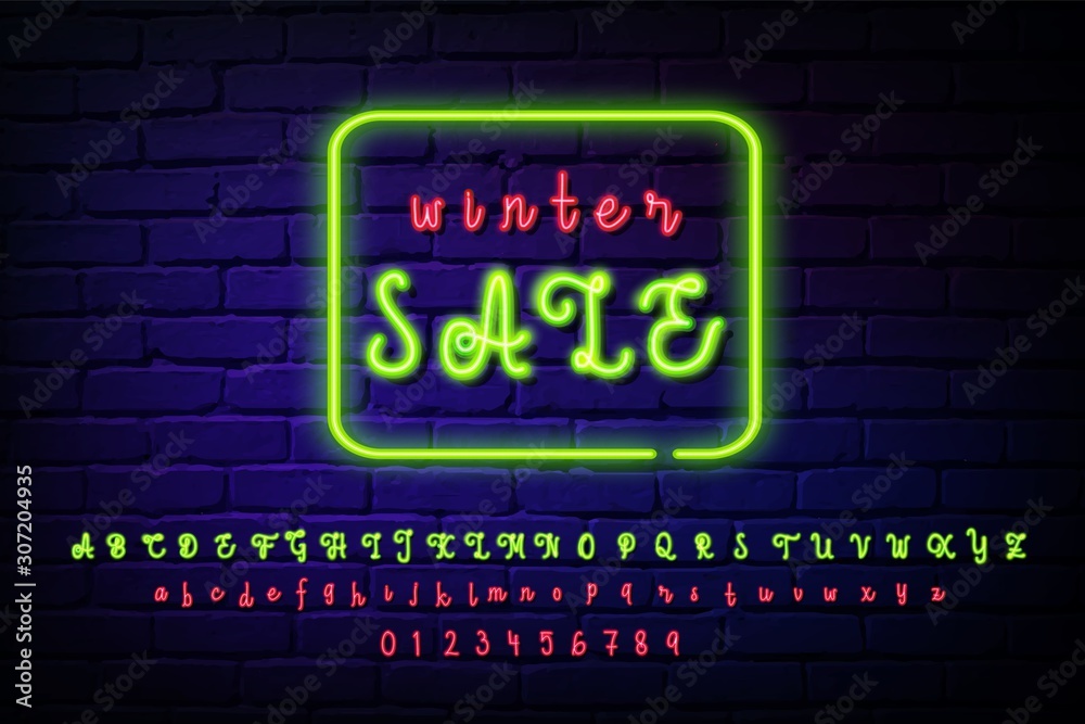 Elegant handwritten neon letters of the English alphabet. Glowing red ...