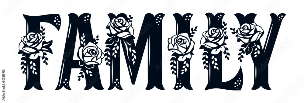 Word Family with pattern of roses. Lace inscription. Floral decor for ...