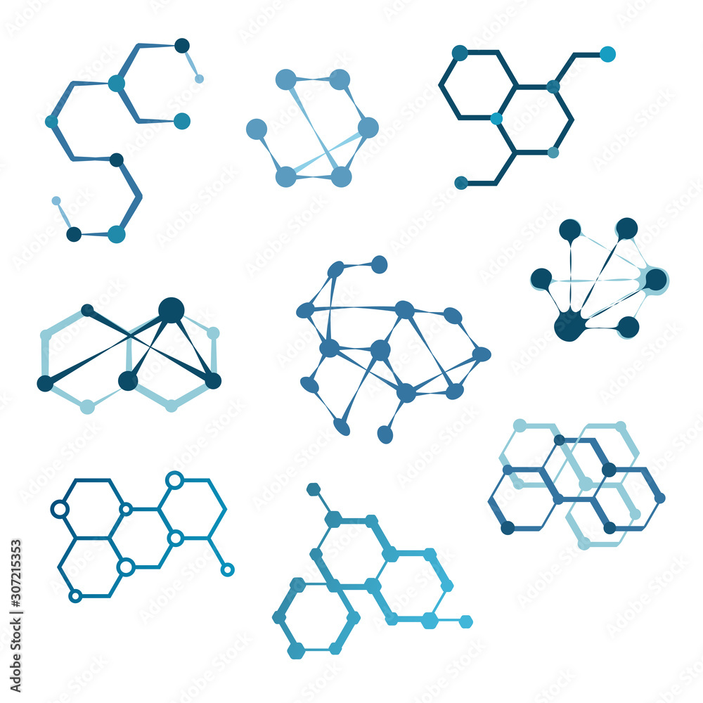 Hexagonal molecule badge. Molecular structure logo, molecular grids and chemistry hexagon ...