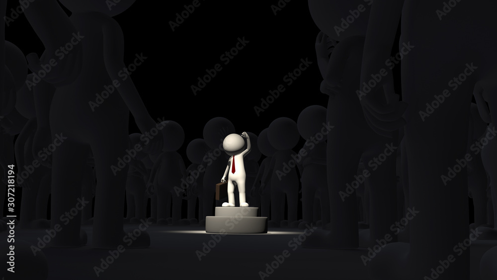 Stickman standing under shine from spot light in the middle of more ...