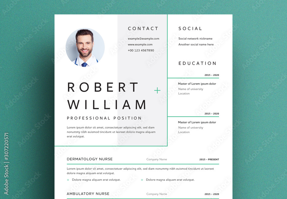 Resume Layout with Green Line Elements Stock Template | Adobe Stock