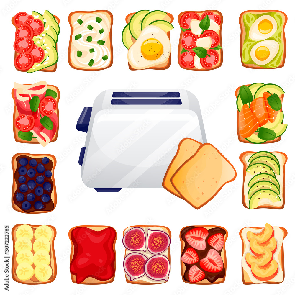 Toasted bread with various toppers and toaster. Breakfast vector ...