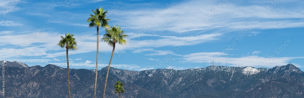 Panoramic image showing the snow-dusted San Gabriel Mountains taken ...