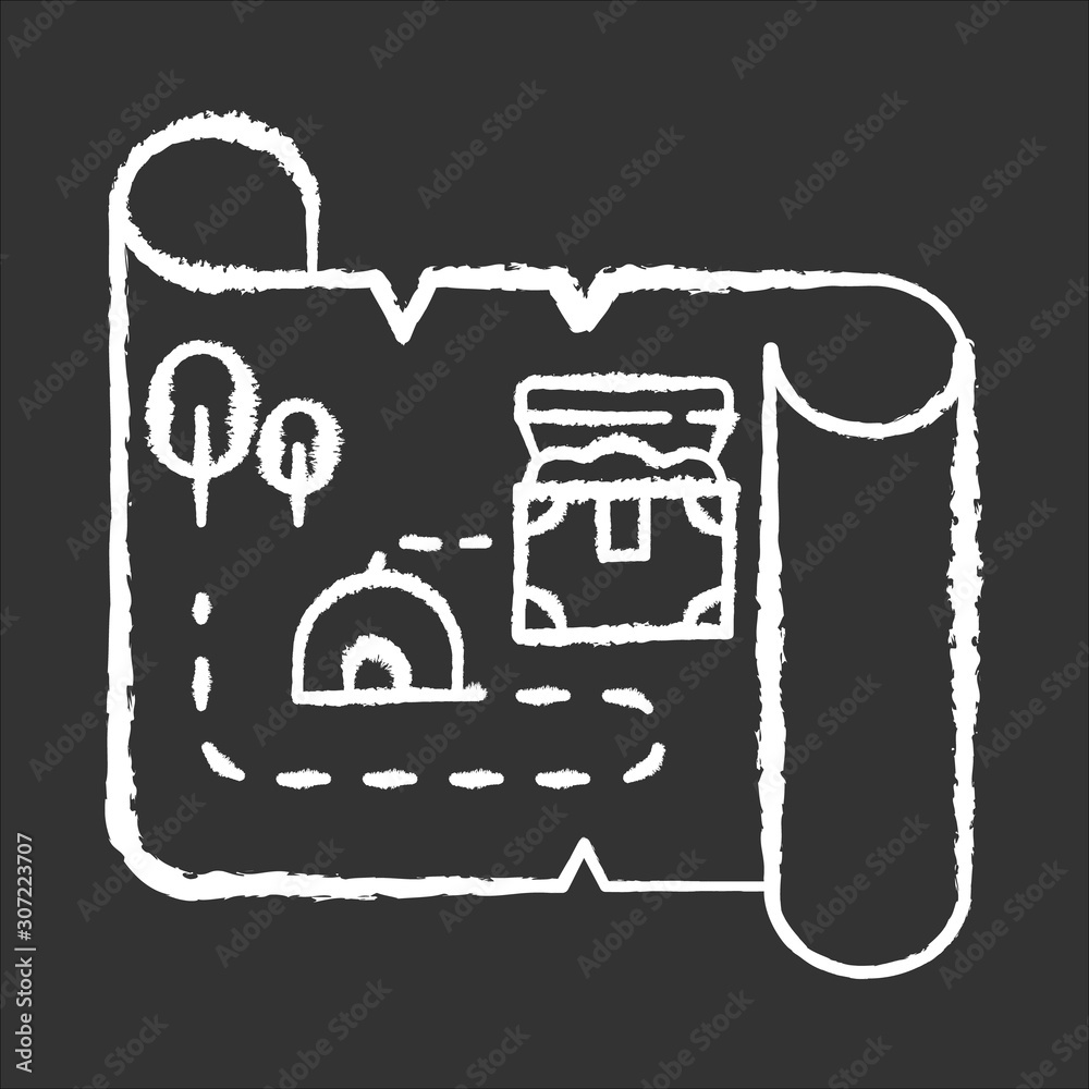 Treasure map chalk icon. Ancient manuscript. Old scroll. Treasure chest ...
