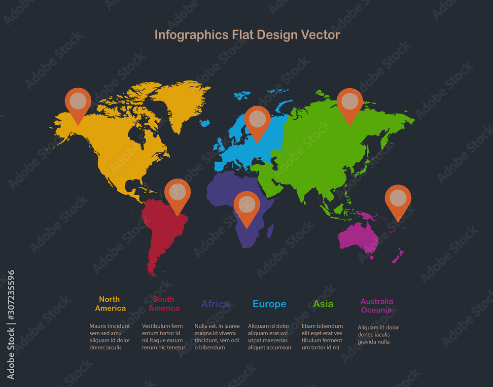 Infographics World maps, flat design, labels with names with individual ...