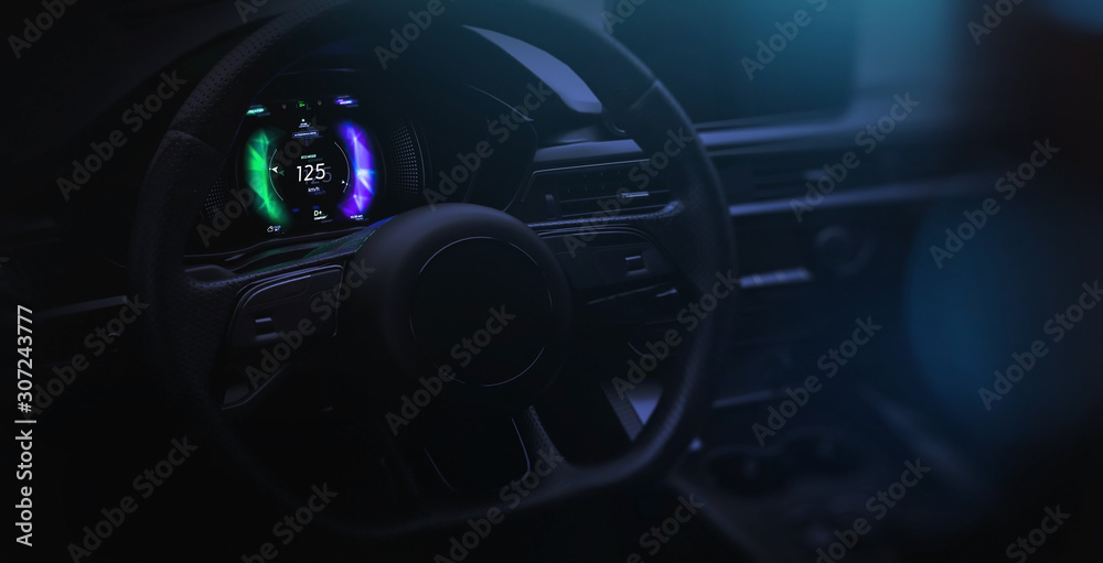 Futuristic car cockpit with hi-tech dashboard UI (3D Illustration ...