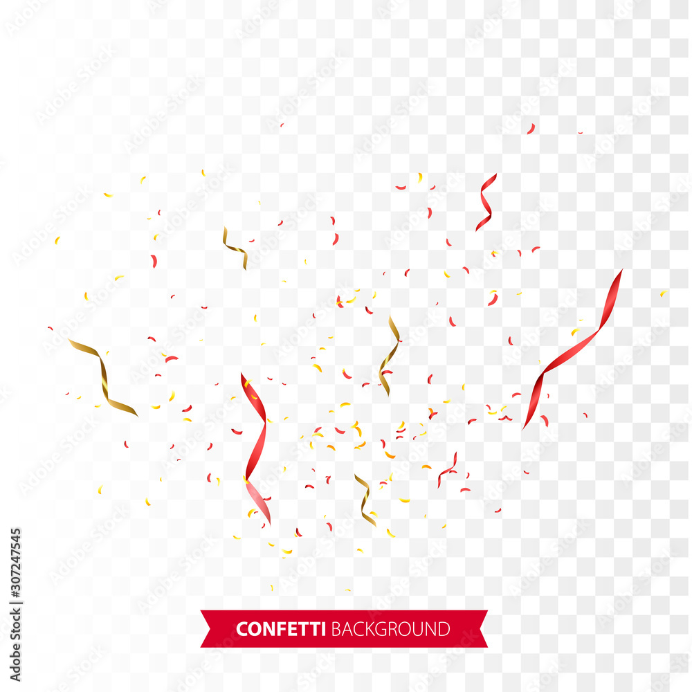 Confetti burst explosion. Gold and red flying ribbons, streamers and ...