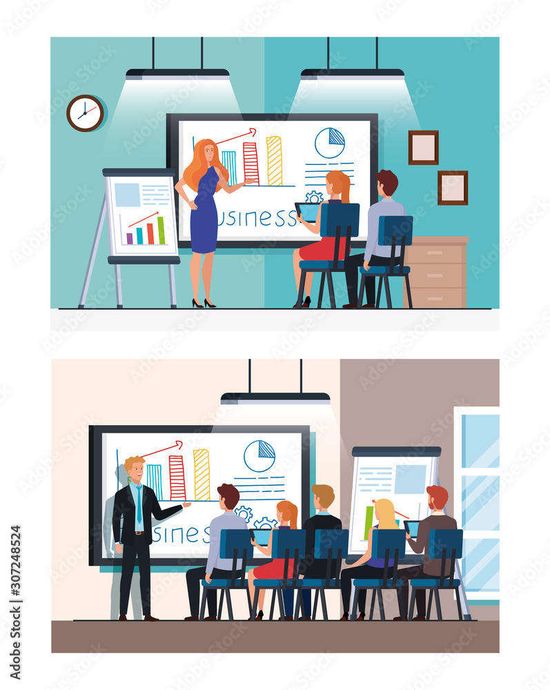 set of scenes business people meeting with infographics presentation ...