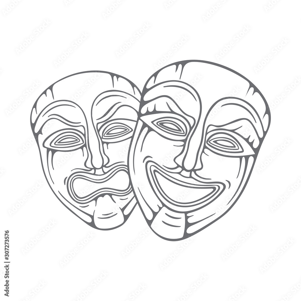 Theatrical masks. Comedy and tragedy masks hand drawn vector ...