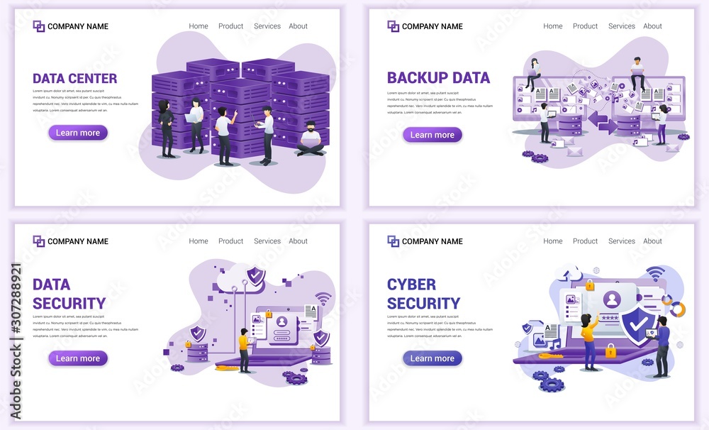 Set of web page design templates for data center, data security. Can ...