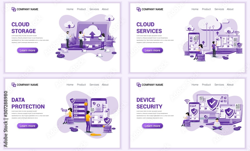Set of web page design templates for cloud storage, data Security. Can ...