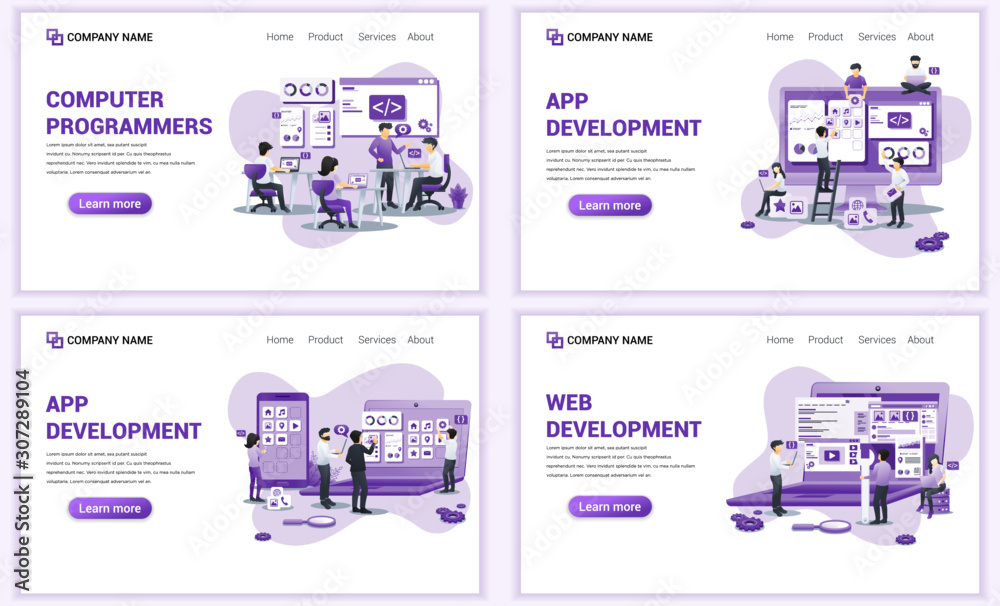Set of web page design templates for computer programmers, mobile and ...