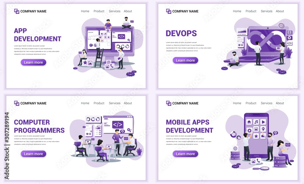 Set of web page design templates for computer programmers, mobile and ...