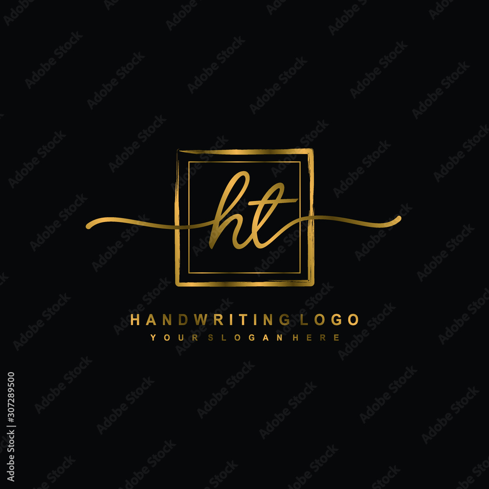 Initial H T handwriting logo design, with brush box lines gold color ...