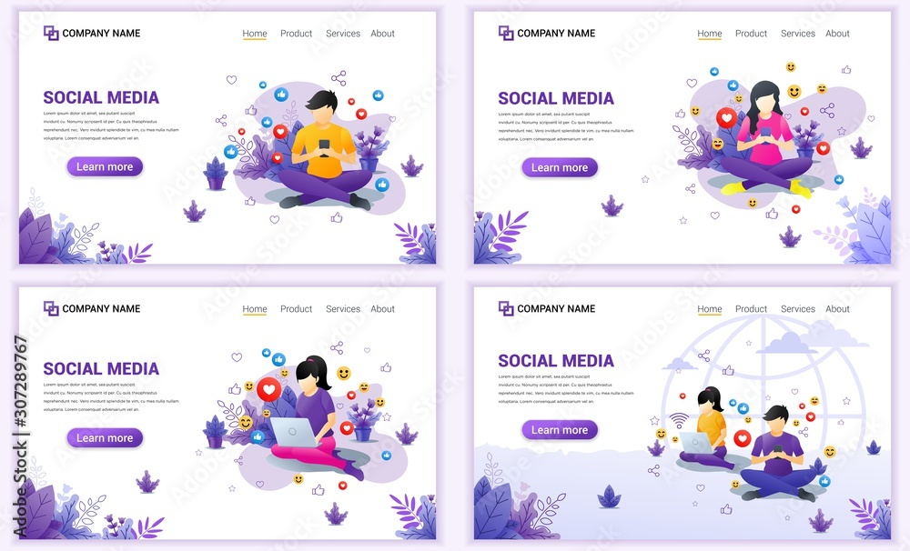 Set of web page design templates for social media concept. Can use for ...