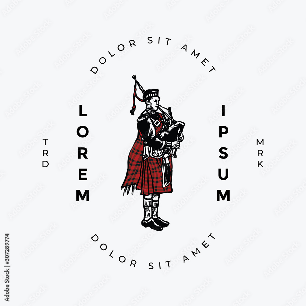 Scottish bagpipes pipe player illustration logo design template Stock ...