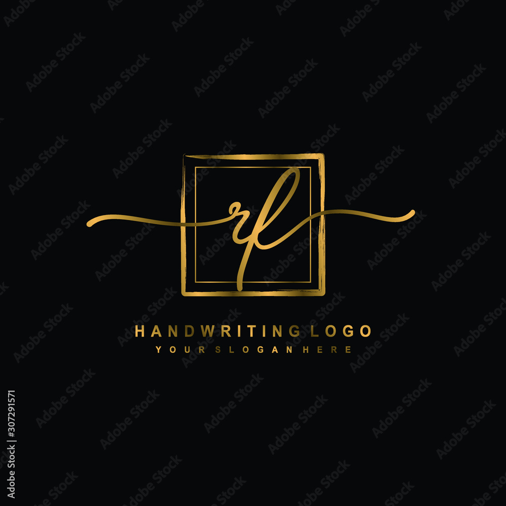 Initial R F handwriting logo design, with brush box lines gold color ...