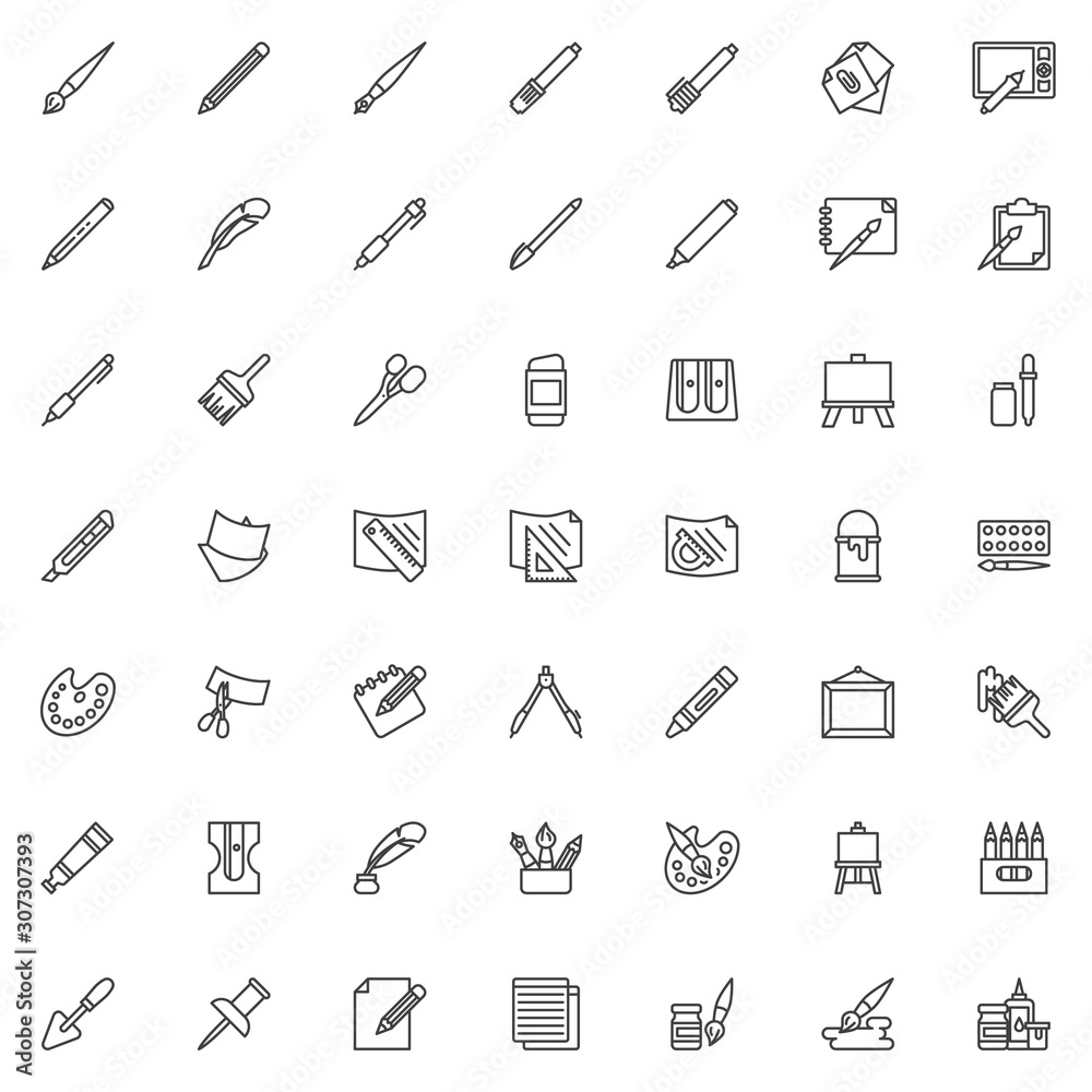 Drawing tools line icons set. Art supplies linear style symbols ...