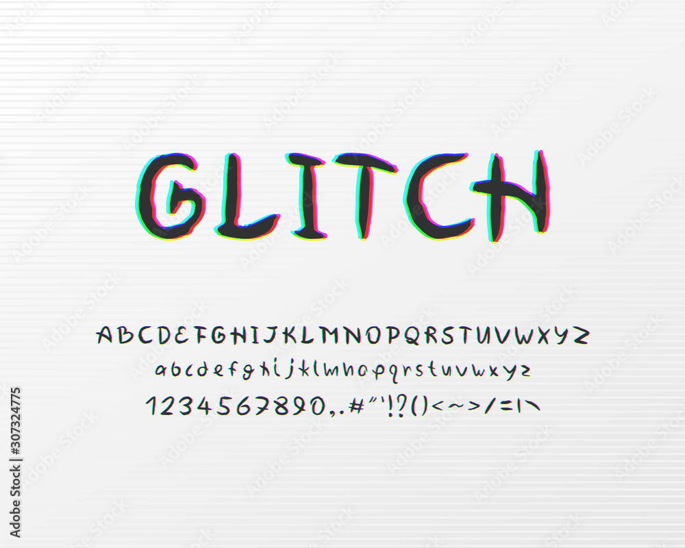 Modern glitch Alphabet. Handwritten vector typeface with stereo color ...
