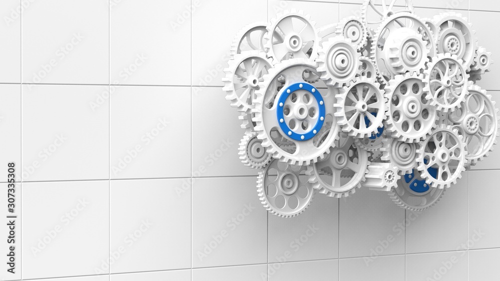 Mechanism, white metallic gears and cogs at work on white background ...