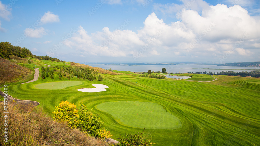 Russian open space. field, forest, sky, road. golf course top view ...