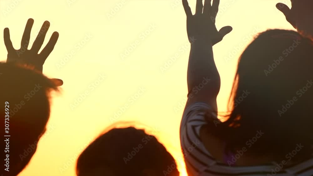 Happy big family raising hands up, Father, mother and children - little ...