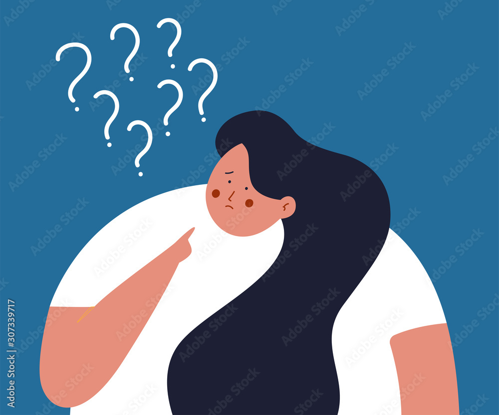 Woman with question mark vector cartoon character isolated on ...