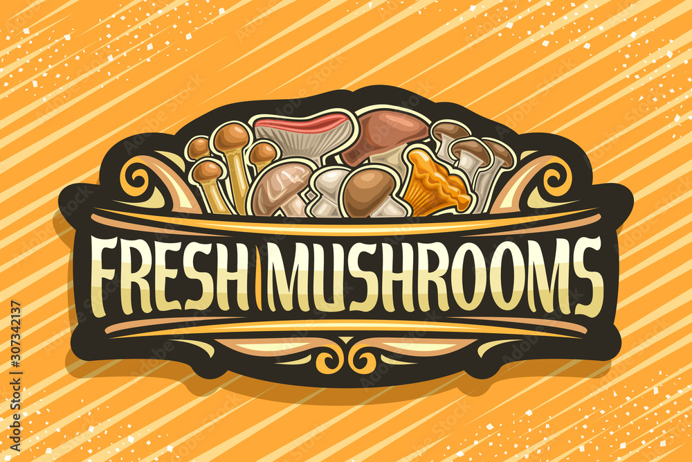 Vector logo for Fresh Mushrooms, black decorative sign board with ...