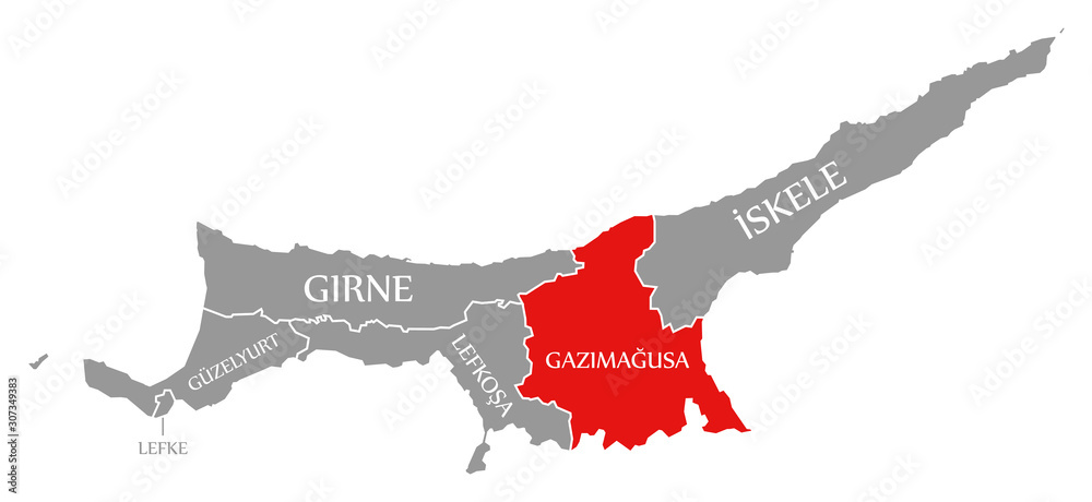 Gazimagusa red highlighted in map of Northern Cyprus Stock Illustration ...